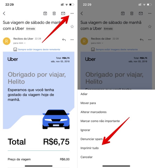 Como imprimir recibo da Uber