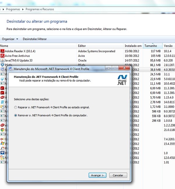 Como desinstalar o .NET Framework