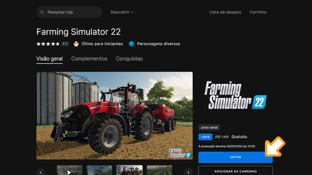 Farming Simulator 22: como baixar e jogar o game grátis da Epic Games