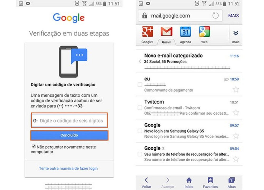 Como ativar verificação em duas etapas do Gmail com telefone alternativo