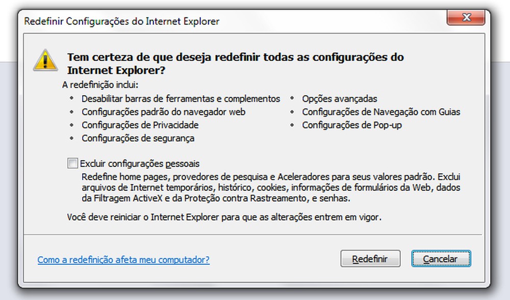Restaure as configurações originais do Internet Explorer