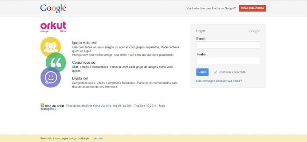 Página de login Google unifica acesso a Orkut, Blogger, Gmail e outros ...