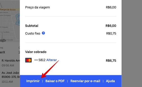 Como imprimir recibo da Uber