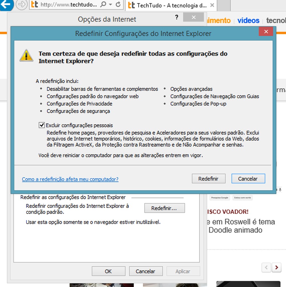 Como redefinir as configurações do Internet Explorer no Windows 8