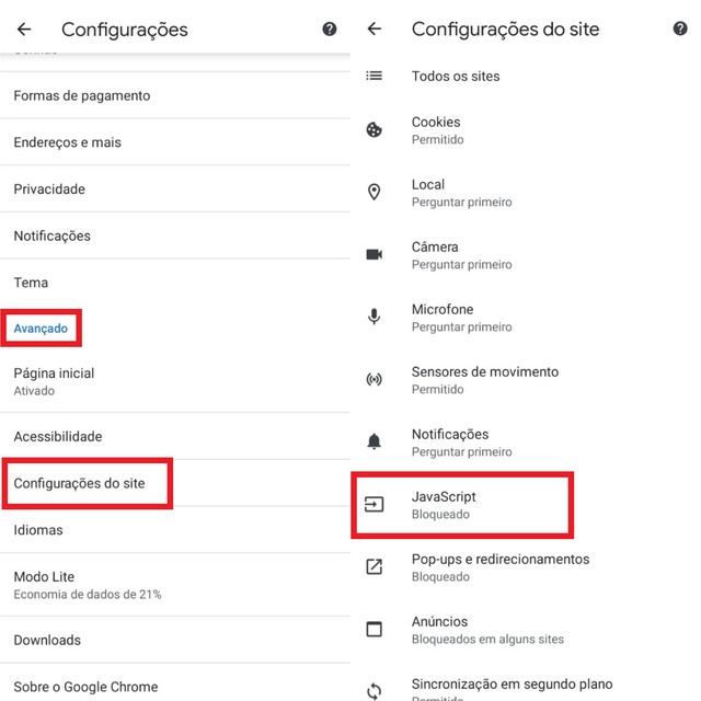 Como ativar o JavaScript no celular com o Chrome