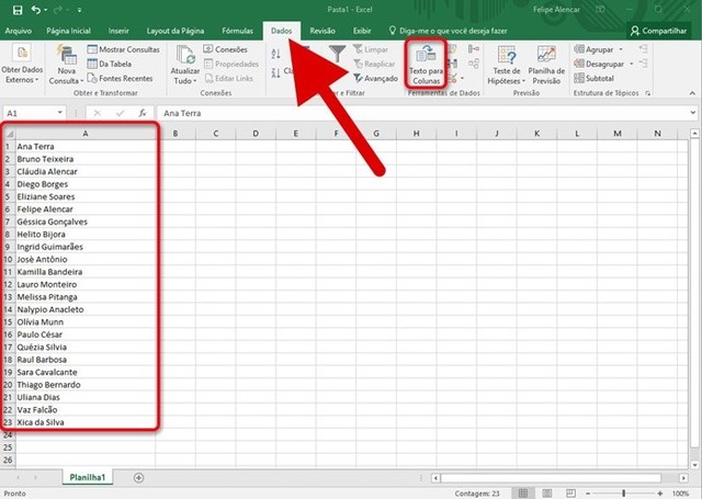 Como separar texto no Excel em mais de uma coluna
