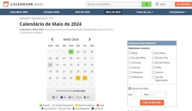 Calendário de maio de 2024 com feriados: veja sites e apps para conferir