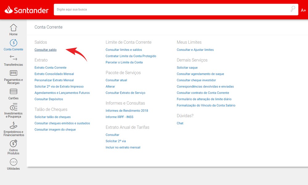 Como consultar saldo da conta no Santander
