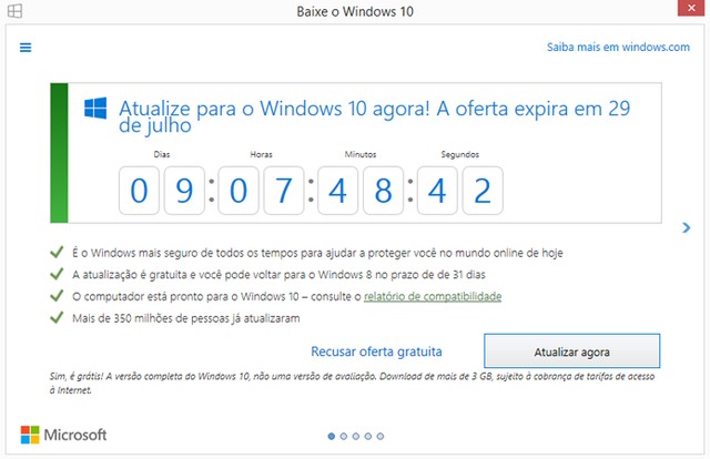 Update grátis do Windows 10 ganha cronômetro de contagem regressiva