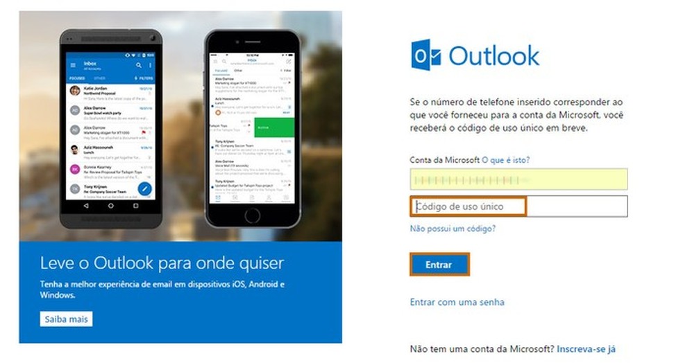 Como fazer login no Outlook sem senha com código único descartável