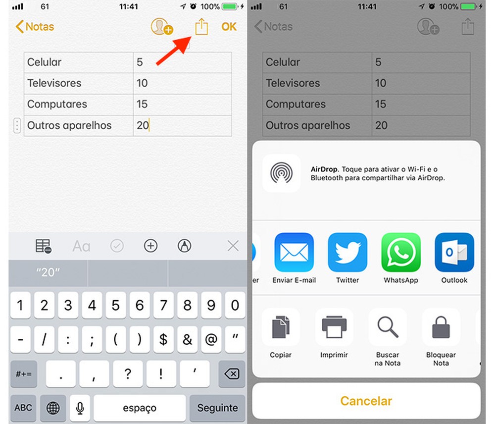 Como criar tabelas no aplicativo Notas do iPhone com o iOS 11