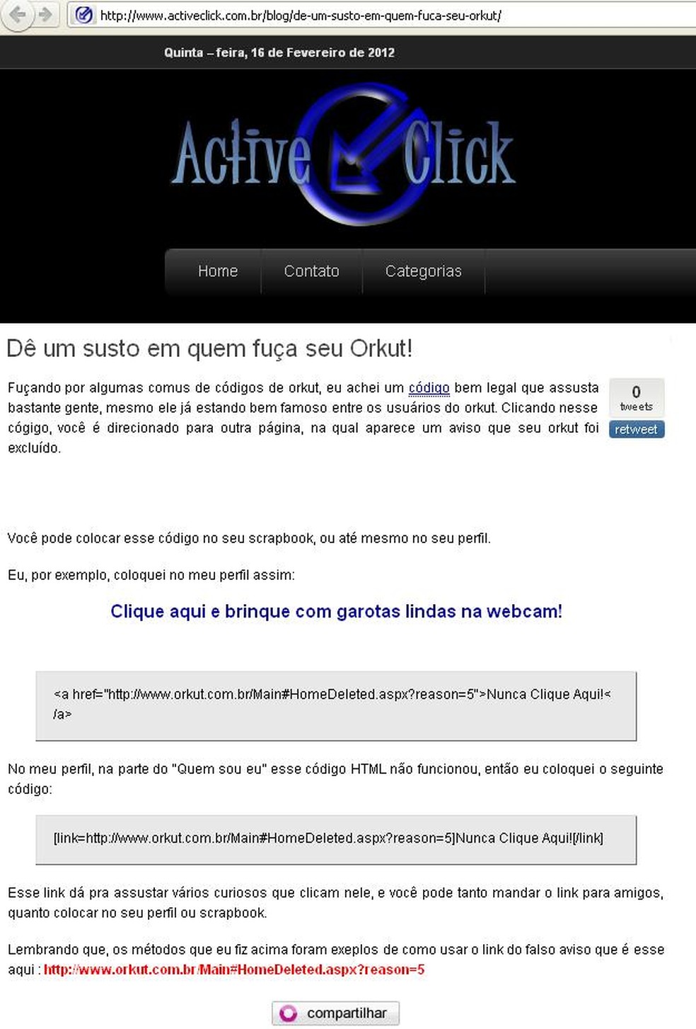 Falso link do Orkut diz que conta foi excluída