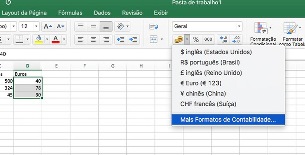 Real, dólar, euro: defina mais de uma moeda na planilha do Excel