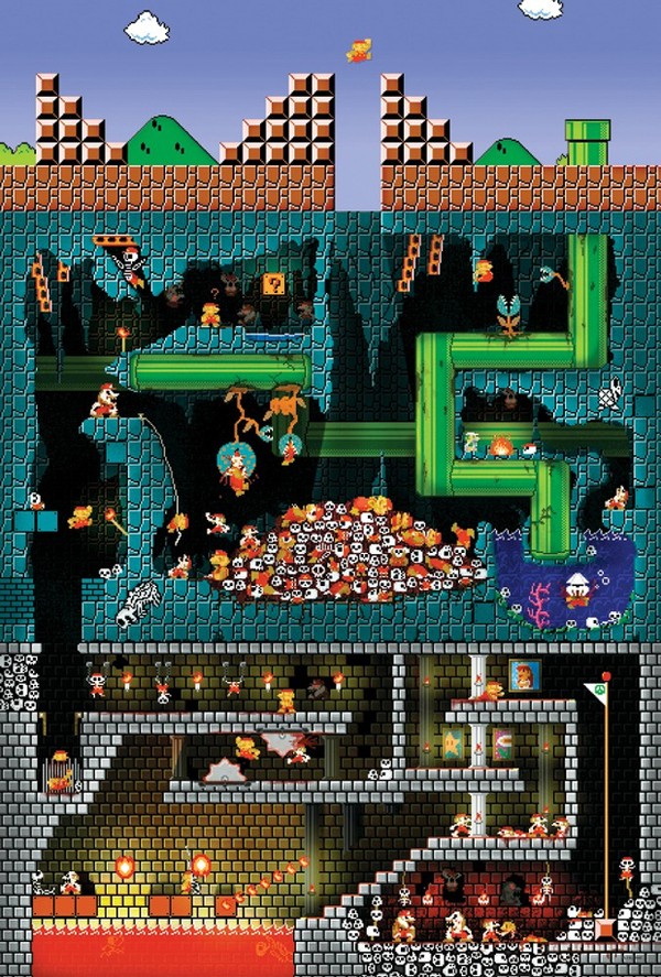 O que acontece com Mario quando ele cai no buraco?