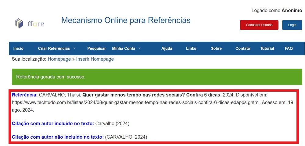Como fazer referências ABNT no Mecanismo Online para Referências (MORE)