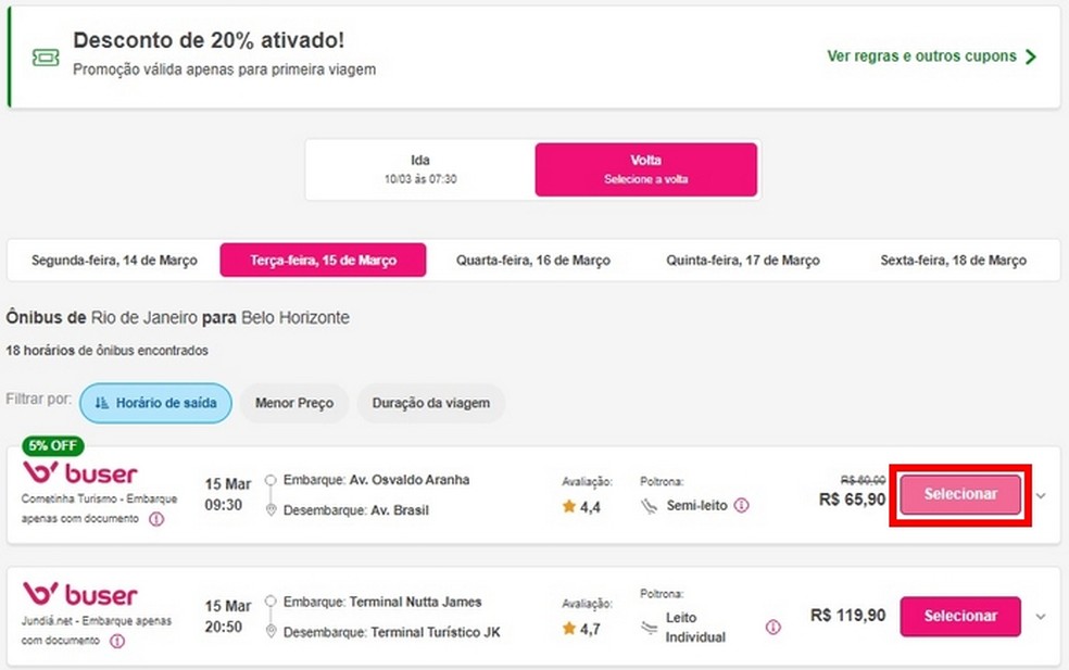Buser: primeira viagem tem 20% de desconto; veja como conseguir