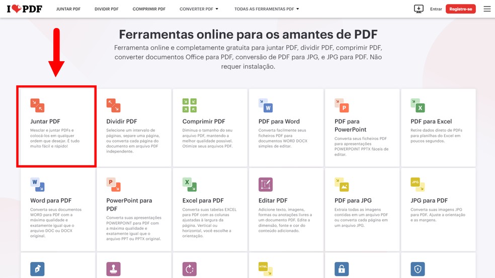 Como juntar PDF de graça com o iLovePDF