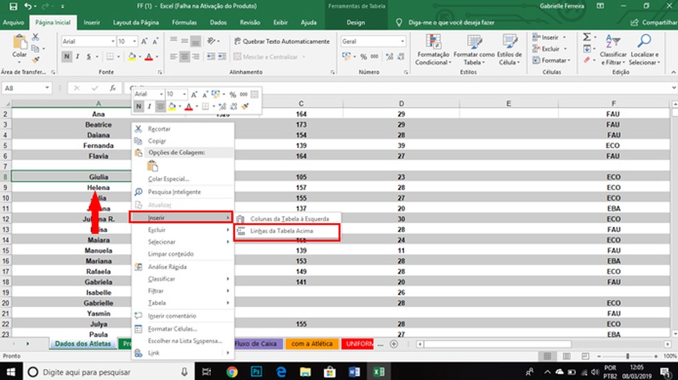 Como inserir linha no Excel