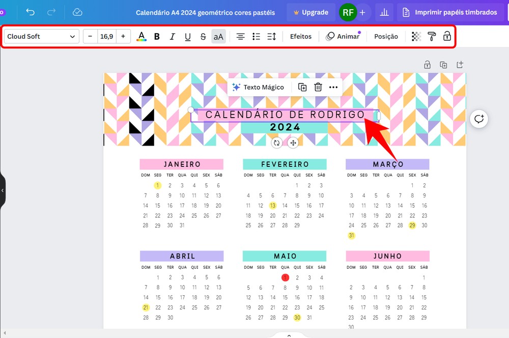Calendário 2024 com feriados para imprimir: baixe grátis no Canva