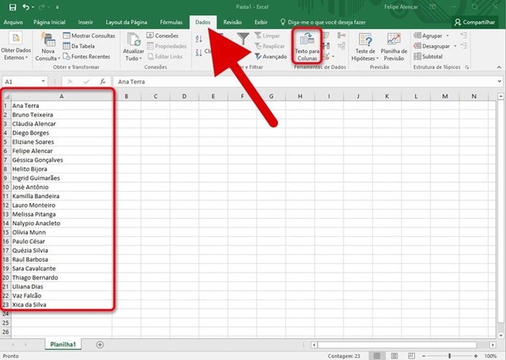 Como separar texto no Excel em mais de uma coluna