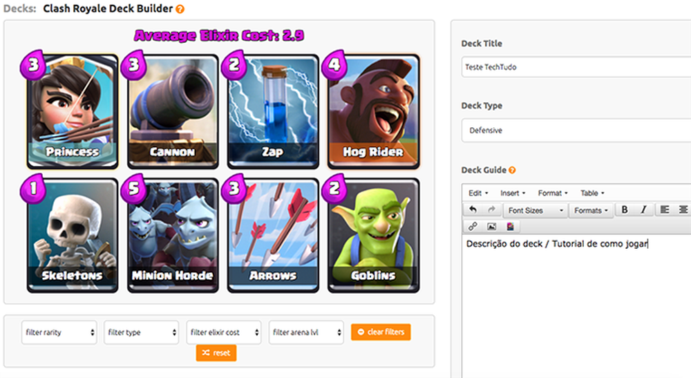 Como usar o Deck Builder de Clash Royale para montar decks de cartas