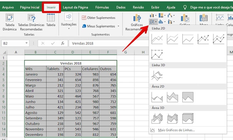 Como fazer gráfico de linha no Excel