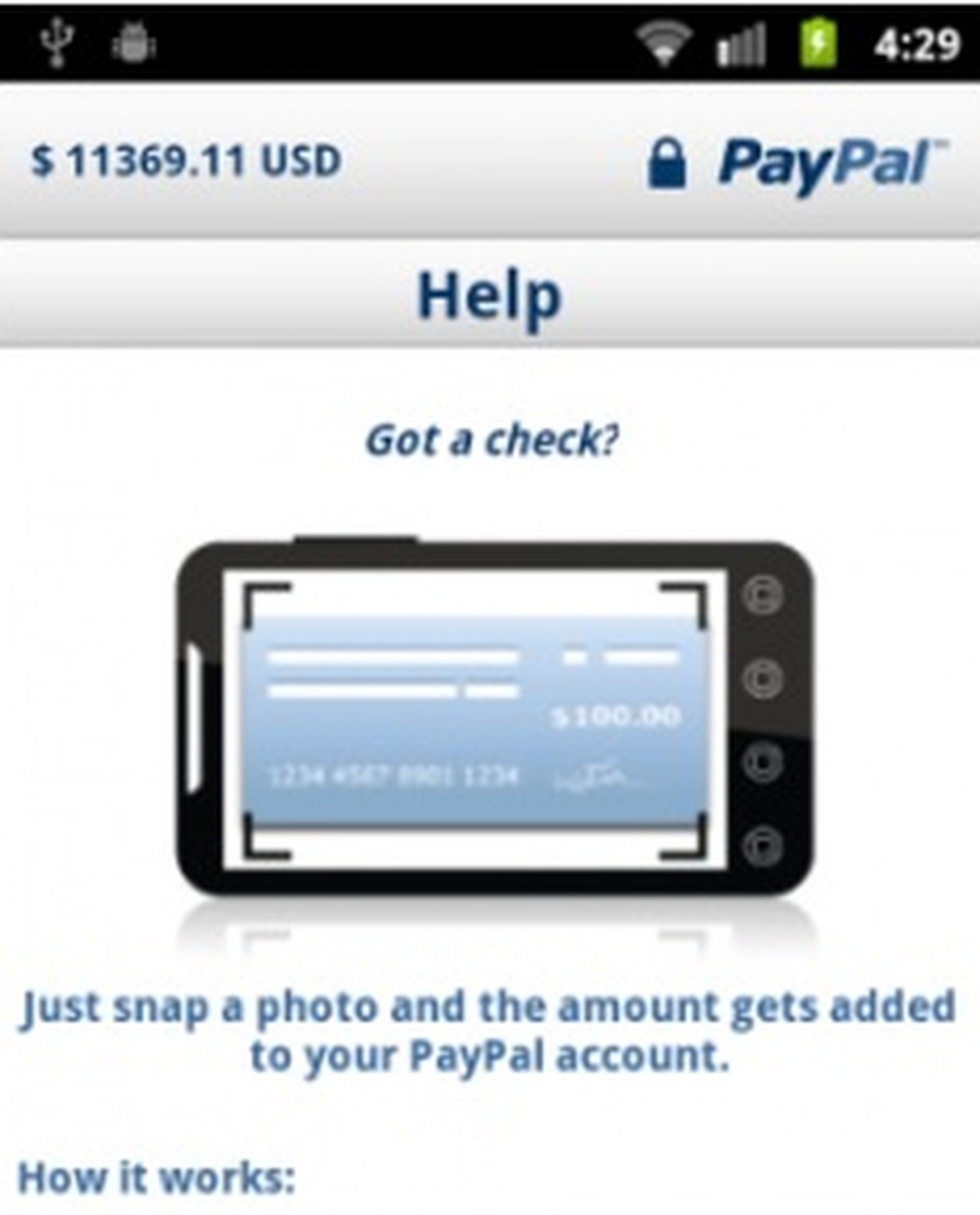 PayPal para Android permite que você faça depósitos com fotos de cheques