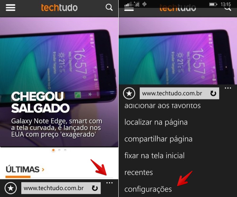 Como escolher o atalho no Internet Explorer do Windows Phone?