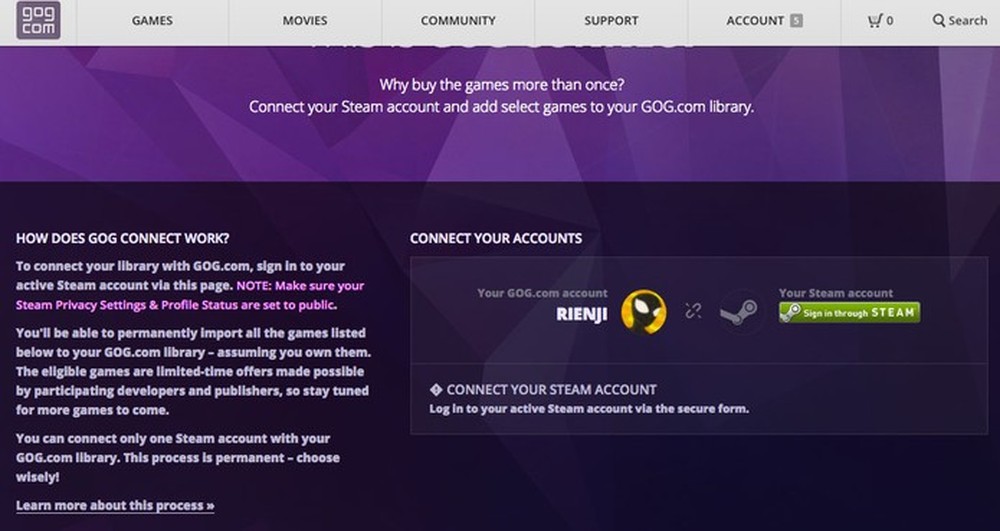 Como usar o GOG Connect e ligar com a conta no Steam