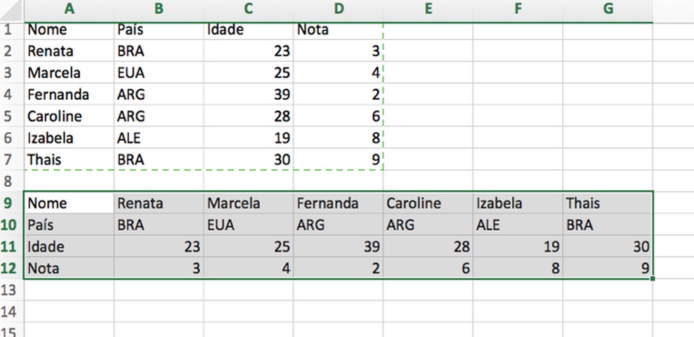 Como transformar uma tabela em colunas para formato linha no Excel