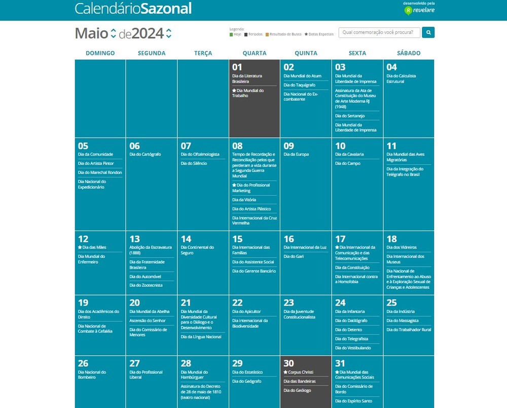 Calendário de maio de 2024 com feriados: veja sites e apps para conferir
