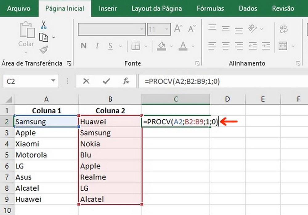 Como comparar duas colunas do Excel