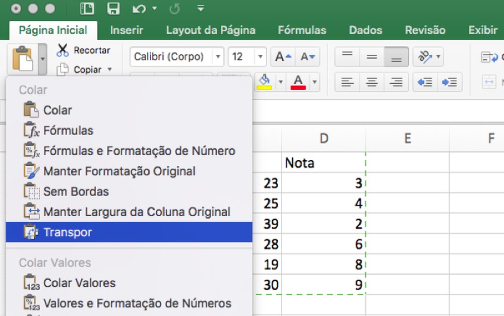 Como transformar uma tabela em colunas para formato linha no Excel
