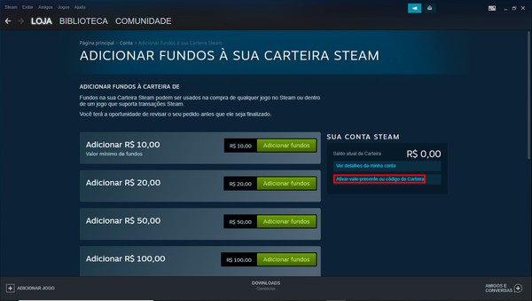 Como colocar gift card no Steam