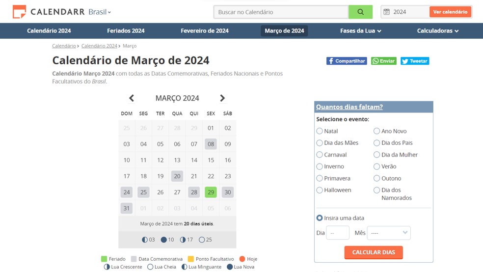 Calendário de março de 2024 com feriados: veja apps e sites para conferir
