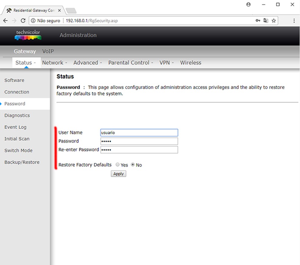 Como mudar o login de usuário e senha do roteador Technicolor
