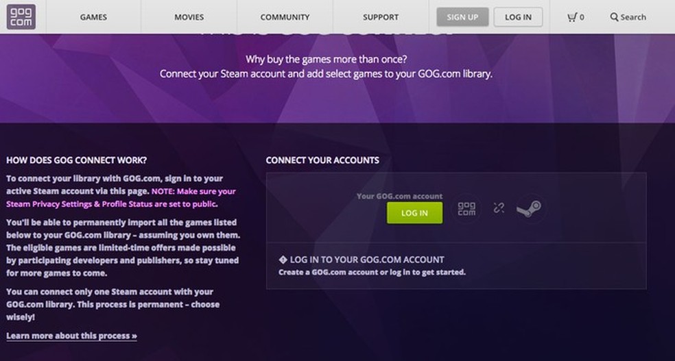Como usar o GOG Connect e ligar com a conta no Steam