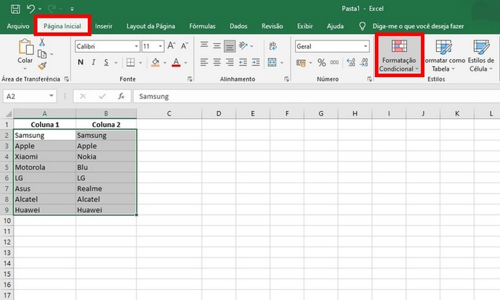 Como comparar duas colunas do Excel