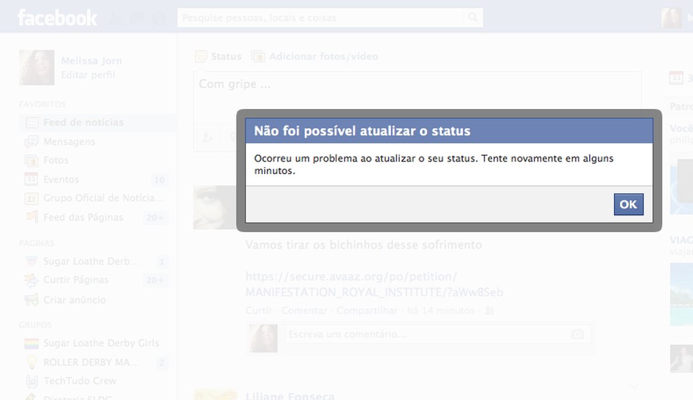 Falha faz Facebook mostrar tela de erro em atualização de status e curtidas