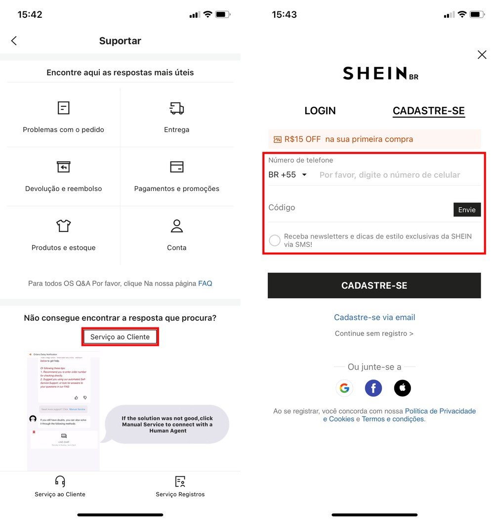 Como entrar em contato com a Shein