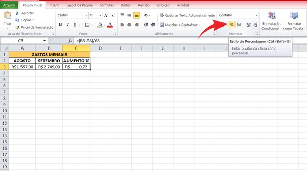 Como calcular percentual de aumento no Excel
