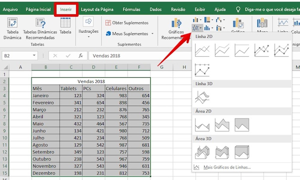 Como fazer gráfico de linha no Excel