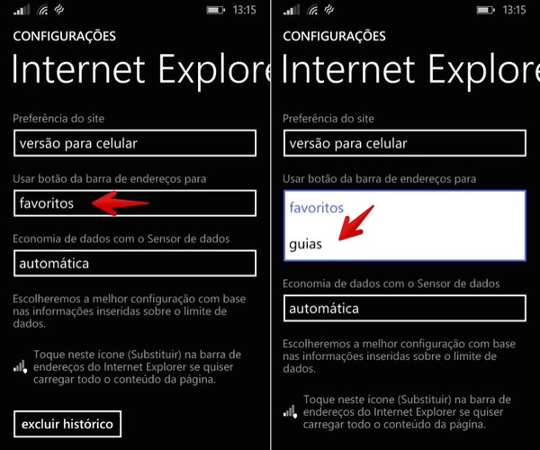 Como escolher o atalho no Internet Explorer do Windows Phone?