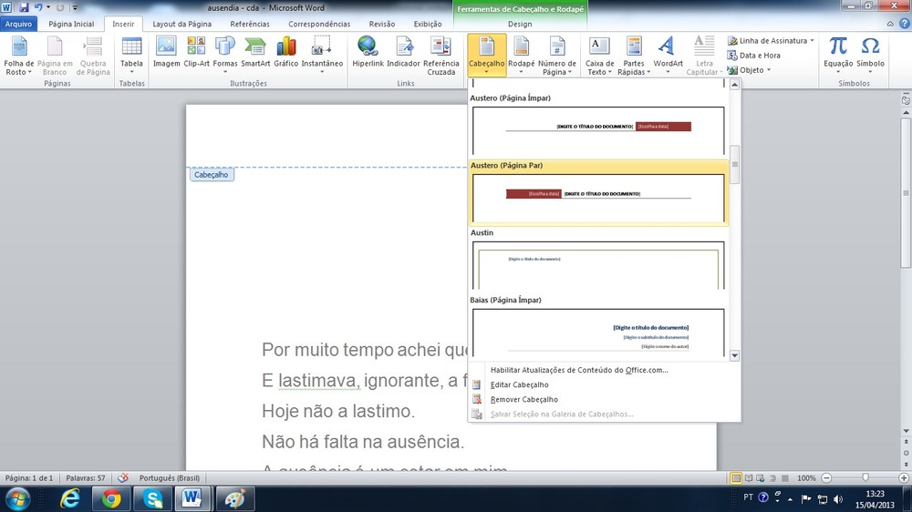 Veja como inserir cabeçalho e rodapé em documento do Word 2010