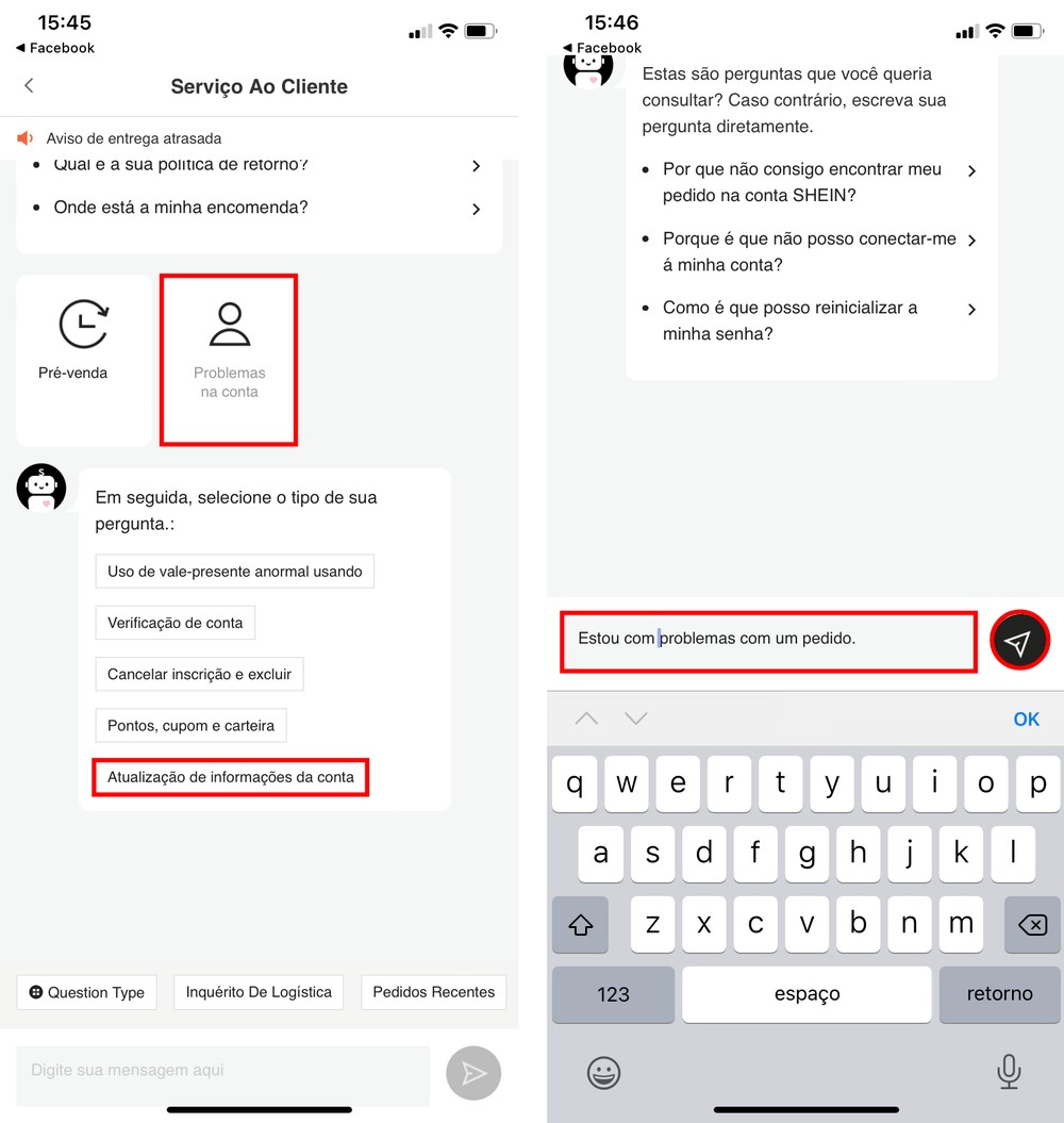Como entrar em contato com a Shein