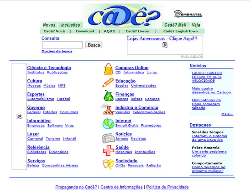 Relembre sites que marcaram os anos 1990 e 2000