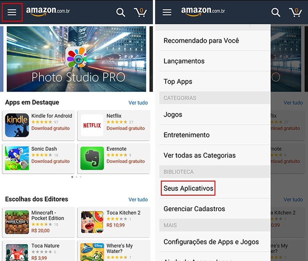 Como atualizar aplicativos na Amazon Appstore para Android